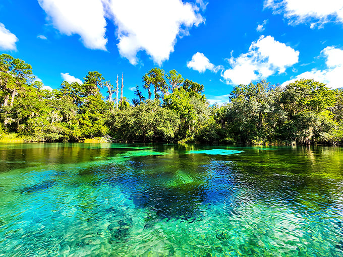 Mother Nature's masterpiece on full display: crystalline turquoise waters framed by lush Florida greenery, like swimming in a living postcard.