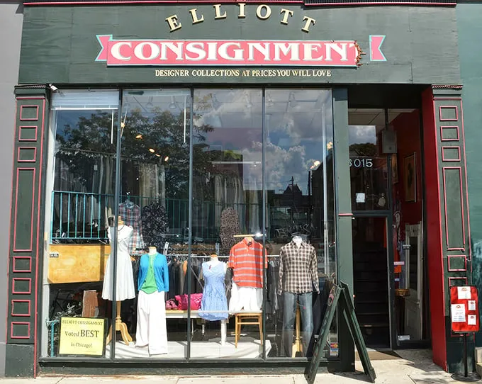 The iconic green and red storefront of Elliott Consignment beckons fashion hunters with its promise of designer treasures at prices that won't require a second mortgage.
