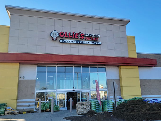 Ollie's distinctive facade promises "Good Stuff Cheap" – perhaps the most honest advertising slogan in American retail history.