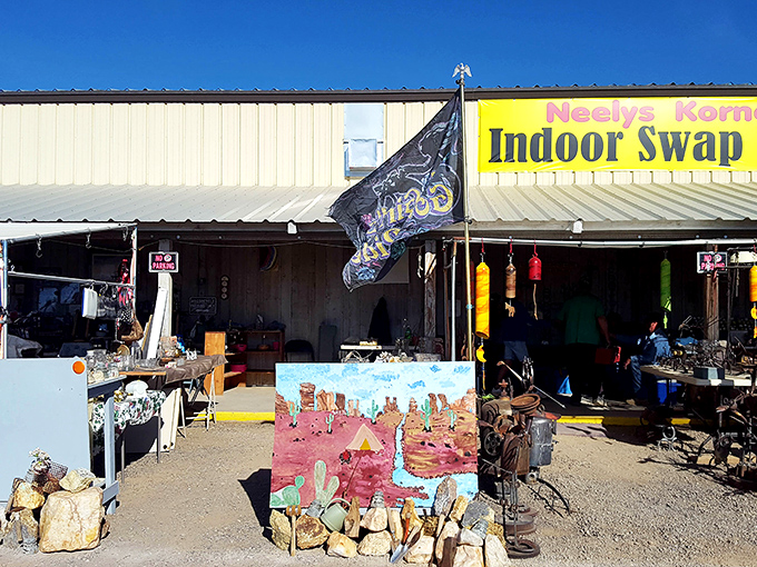The desert sun beats down on Neely's Korner, where treasures wait beneath that iconic yellow sign—Arizona's answer to Ali Baba's cave.