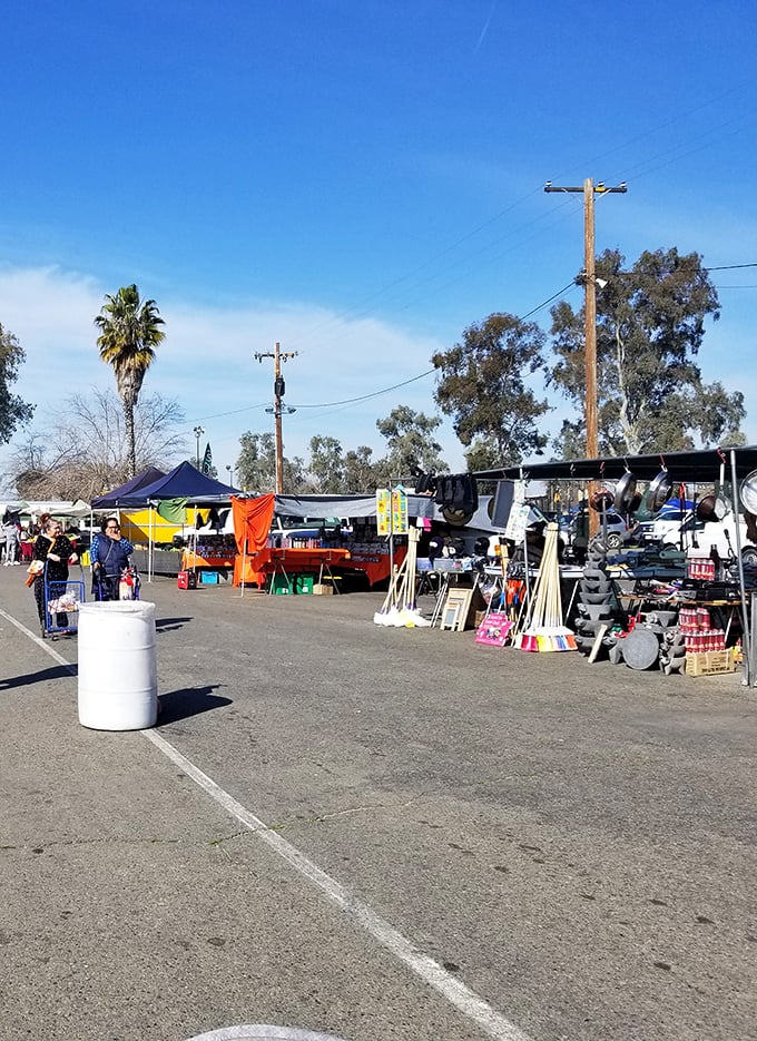 The treasure hunt begins! Colorful canopies stretch across the asphalt like a patchwork quilt, each one hiding potential gems waiting to be discovered.