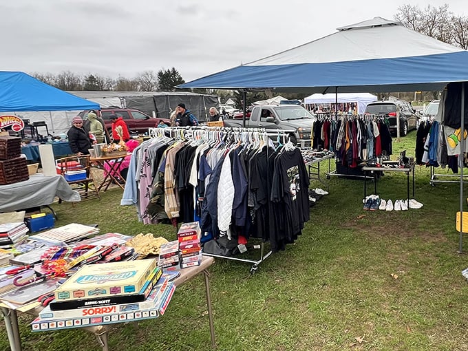 Clothing racks stretch endlessly under pop-up tents, where fashion from every decade awaits its second act.