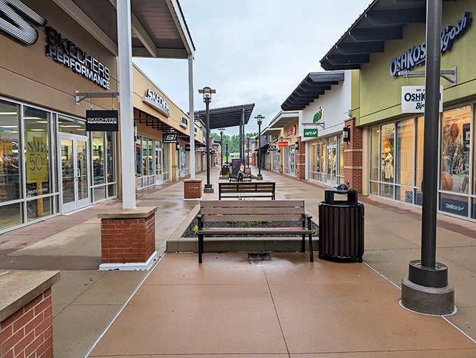 Wide, inviting walkways at St. Louis Premium Outlets offer a moment of serenity before the shopping storm hits. Benches await weary bargain hunters.