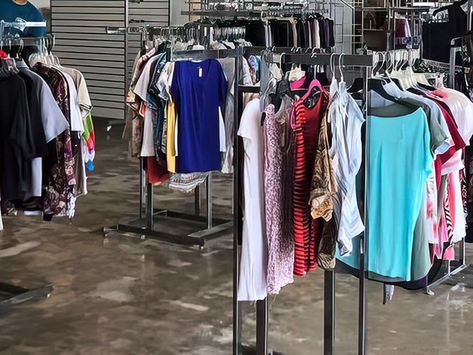 Neatly organized clothing racks showcase the treasure hunt that awaits. Who knew secondhand shopping could feel this much like a boutique experience?
