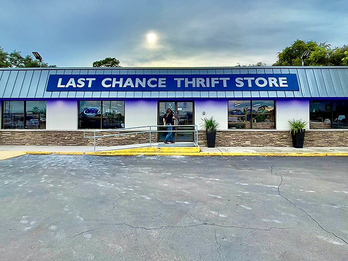 Under Florida's cloud-dappled sky, the storefront's stone accents and wheelchair-accessible entrance welcome treasure seekers of all abilities.