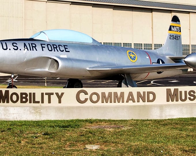 The sleek T-33 Shooting Star welcomes visitors outside the Air Mobility Command Museum, like a metallic maître d' inviting you to the feast of aviation history within.