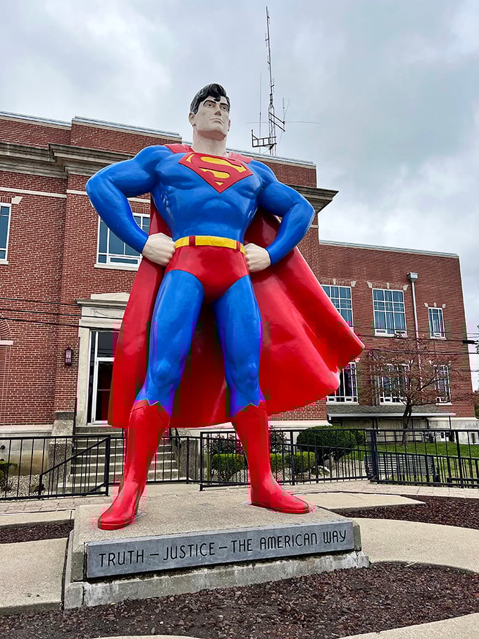 Standing tall against the Metropolis skyline, Superman keeps watch with that classic hands-on-hips pose that screams "I've got this, citizens!"