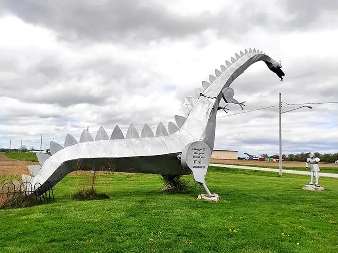 The Kaskaskia Dragon stands tall against the Illinois sky, a metallic marvel waiting to unleash its fiery breath on command.