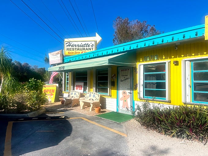 The sunshine-yellow exterior of Harriette's isn't just a building—it's a promise of the cheerful experience waiting inside this beloved Key Largo institution.
