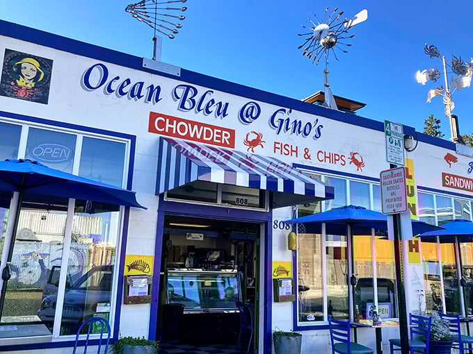 The blue-and-white façade of Ocean Bleu at Gino's promises seafood nirvana with all the subtlety of a foghorn – CHOWDER and FISH & CHIPS in bold red letters isn't just signage, it's a declaration of delicious intent.