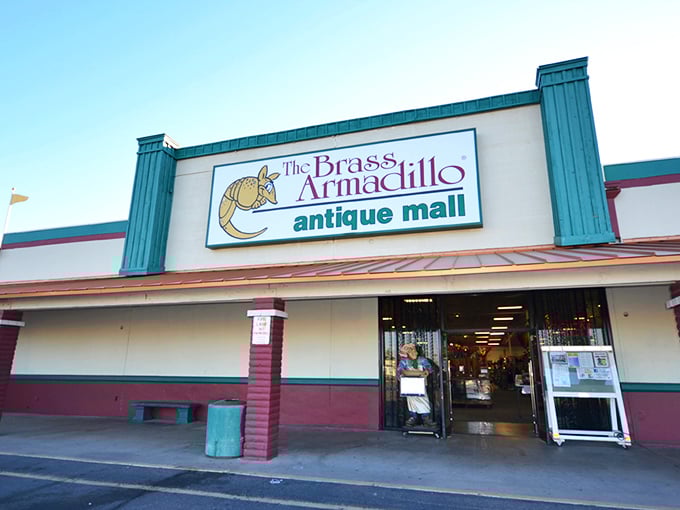 The iconic Brass Armadillo sign welcomes treasure hunters with the promise of adventures that won't break the bank.