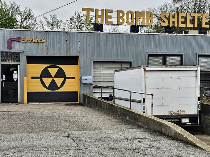 The nuclear fallout symbol isn't warning you away—it's beckoning you into Akron's ultimate time-travel portal for nostalgic treasures.