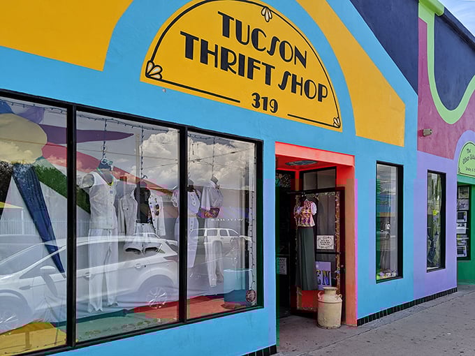 The vibrant turquoise and yellow facade isn't just eye-catching—it's practically screaming "treasures inside!" at passersby on 4th Avenue.