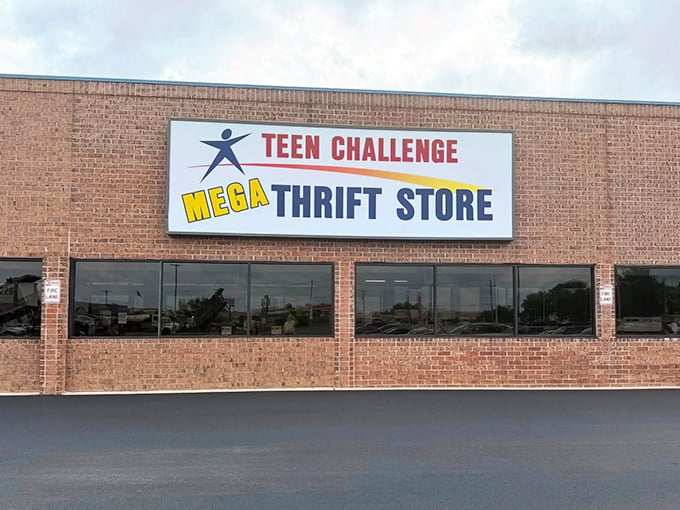The brick facade and bold signage of Delmarva Teen Challenge Mega Thrift promises treasure hunting adventures that would make Indiana Jones jealous.