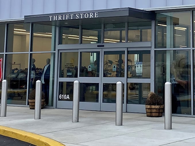 The sleek, modern exterior of the Salvation Army Thrift Store beckons with promises of hidden treasures waiting just beyond those glass doors.