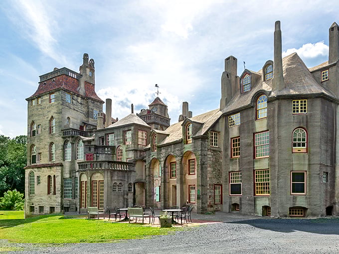 Fonthill Castle stands like a medieval fever dream in suburban Pennsylvania, its concrete towers and red-tiled roofs defying architectural convention with magnificent audacity.