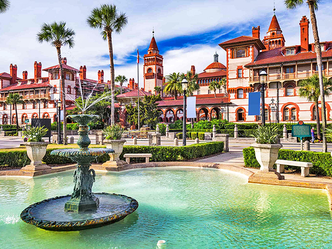 The iconic Flagler College, once the luxurious Ponce de León Hotel, stands as a testament to Gilded Age opulence with its stunning fountains and architecture.