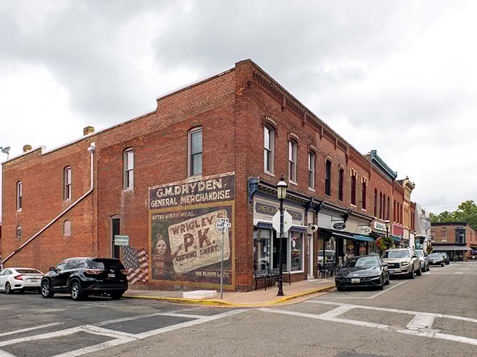 Downtown Snow Hill looks like a movie set with that vintage Wrigley's ad painted on the brick—small-town Americana preserved in its most charming form.