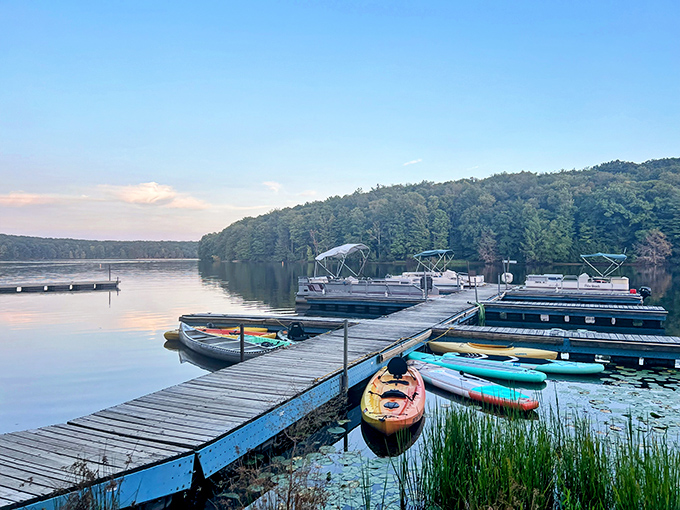 Glendale Lake stretches like a blue ribbon through the forest, where boats dot the water and Pennsylvania's natural splendor unfolds in every direction.