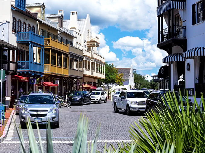 Colorful buildings line Rosemary Beach's brick-paved streets, where European charm meets Florida sunshine. No neon signs needed when architecture speaks this eloquently.