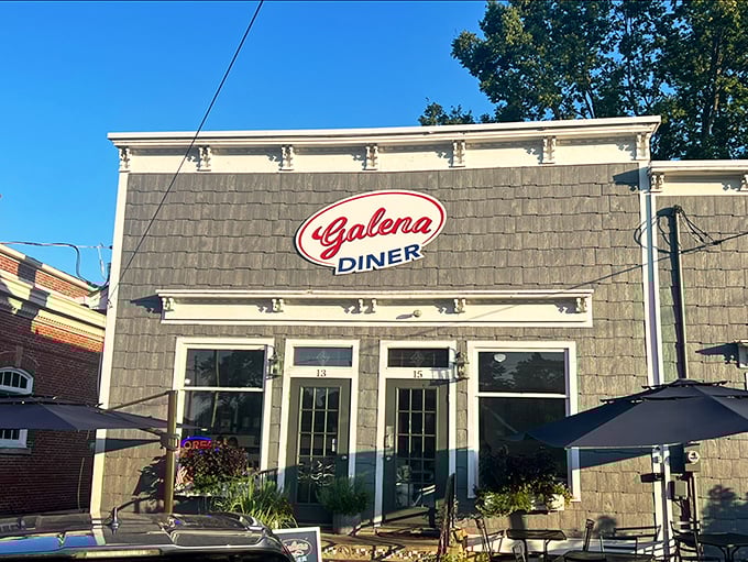 The unassuming exterior of Galena Diner beckons with its classic red and white sign—proof that breakfast treasures often hide in plain sight.