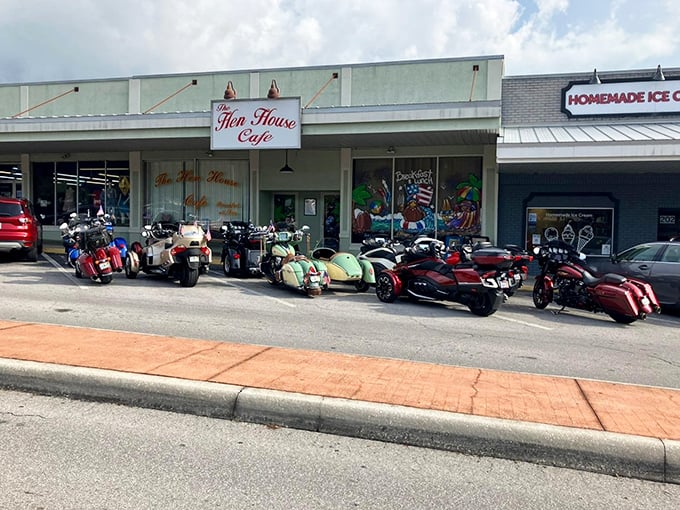 Motorcycle heaven meets breakfast paradise. The lineup of bikes outside Hen House Cafe speaks volumes about what awaits inside – food worth traveling for.
