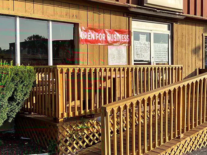 That "Open for Business" banner isn't just a sign – it's a promise that good things await inside this unassuming treasure.