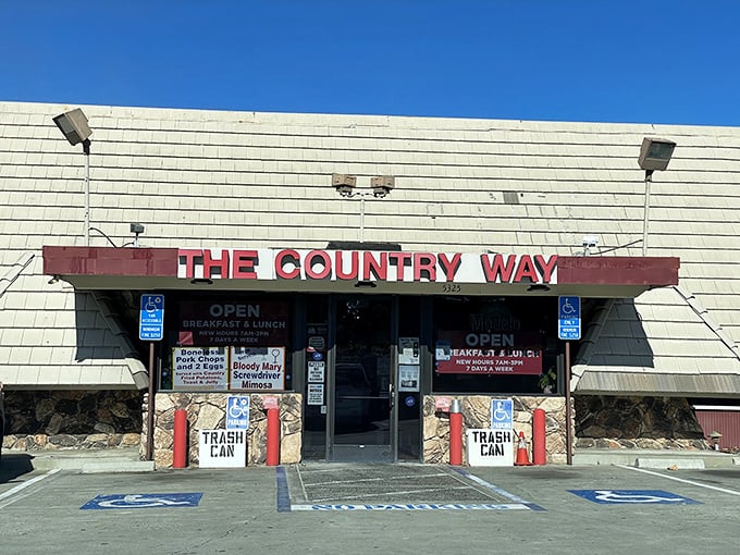 The unassuming A-frame exterior of Country Way stands like a breakfast beacon in Fremont. No fancy frills, just the promise of honest-to-goodness morning magic.