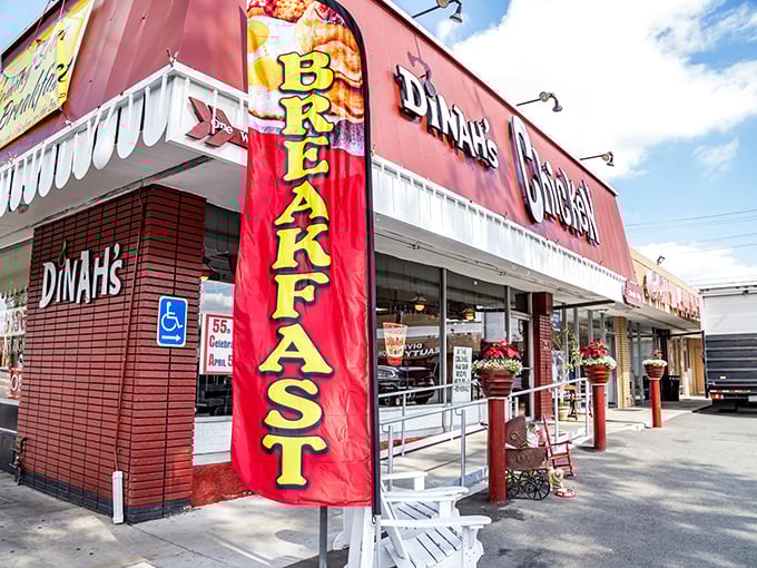 The iconic red exterior of Dinah's Chicken stands as a beacon of comfort food in Glendale, with its vintage "BREAKFAST" banner promising morning delights.