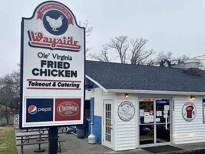 The iconic Wayside sign promises "Ole' Virginia Fried Chicken" – a humble declaration that locals know isn't just marketing, but a delicious guarantee.