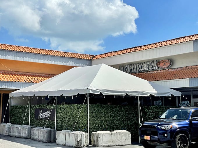 A white tent extends the dining area, because when your fish sandwich achieves legendary status, you need all the space you can get.