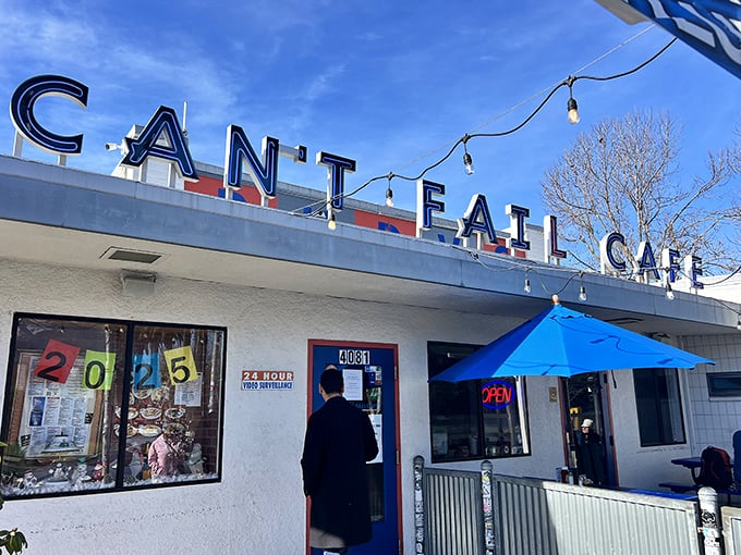 That iconic blue and red signage isn't just announcing a restaurant—it's promising an experience that lives up to its confident name.