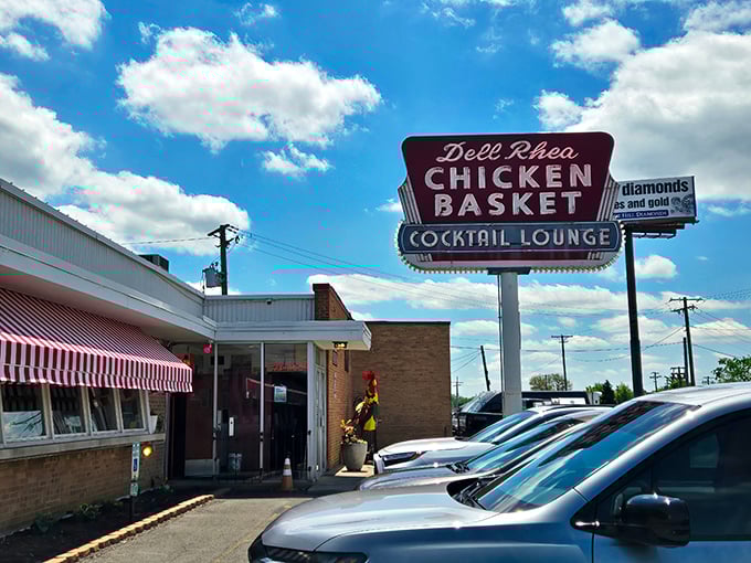 That iconic neon sign isn't just advertising – it's a beacon of hope for hungry travelers. Route 66 nostalgia meets modern-day deliciousness under the Illinois sky.