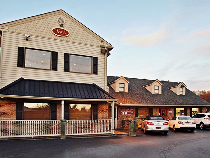 The classic exterior of Feby's Fishery doesn't need flashy gimmicks—just that iconic red sign announcing you've arrived at seafood paradise.