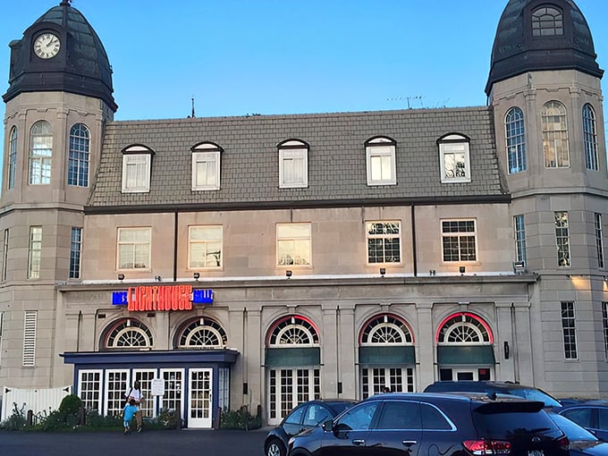 The iconic twin lighthouse towers of Don's Lighthouse Grille stand sentinel on Cleveland's lakefront, beckoning hungry travelers with maritime charm and architectural grandeur.