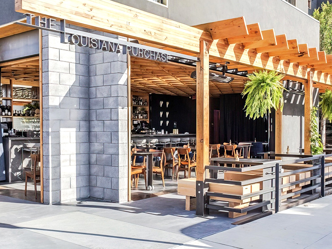 The wooden pergola and lush hanging plants at Louisiana Purchase's entrance might make you forget you're in San Diego and not a French Quarter courtyard.