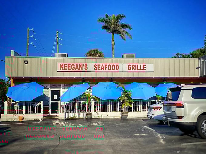 Those blue umbrellas aren't just for shade – they're beacons calling hungry souls to seafood paradise.