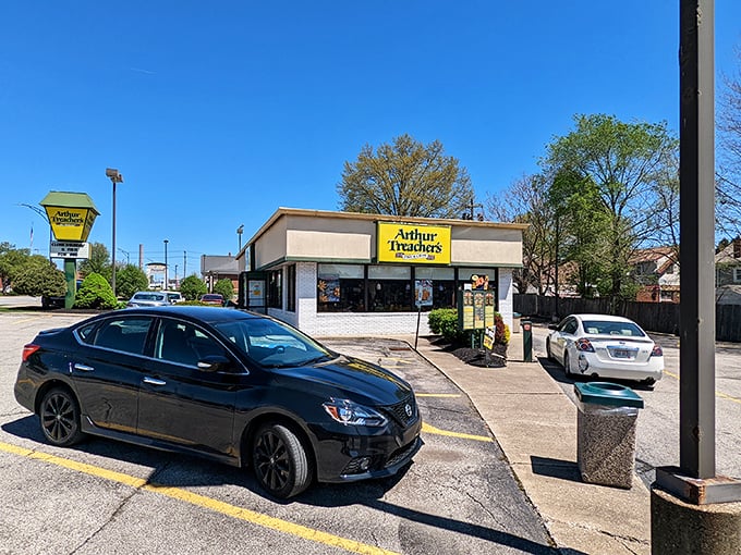 That iconic yellow sign beckons like a lighthouse for the seafood-starved, promising British-inspired comfort in the heart of Ohio.