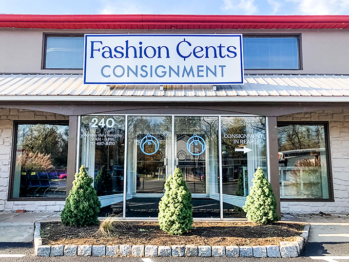 The welcoming storefront of Fashion Cents Consignment beckons bargain hunters with its clean lines and inviting entrance—Pennsylvania thrift shopping at its finest.