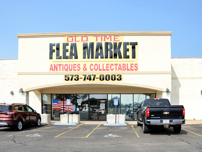 The unassuming exterior of Old Time Flea Market hides a treasure trove within—like finding out your quiet neighbor was once in a rock band.