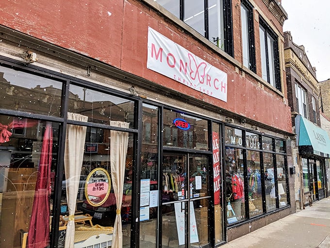 The historic brick façade of Monarch Thrift Shop stands as a testament to Chicago architecture, where vintage charm meets modern bargain hunting.