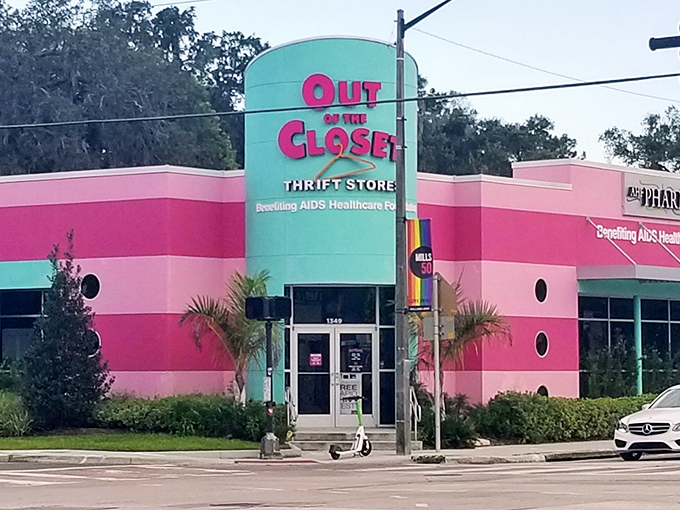 With its cotton-candy hues and Miami Vice flair, Out of the Closet stands out like a beacon—easy to spot for even the most directionally challenged thrift seeker.