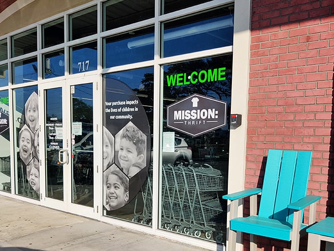 The turquoise chairs outside Mission Thrift Sarasota aren't just seating—they're your first clue that this isn't your grandmother's thrift store. Though she'd love it too.