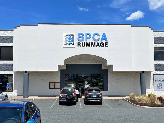 The SPCA Rummage Store's distinctive façade stands out against Charlottesville's blue sky, promising treasure hunters a day of bargain-finding while supporting furry friends in need.