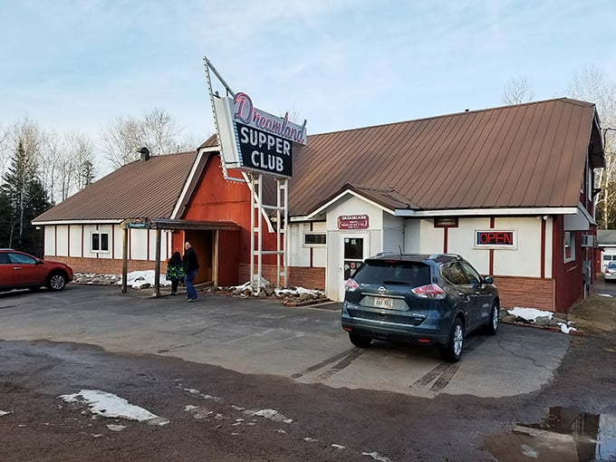 The classic red and white exterior of Dreamland Supper Club stands like a beacon of hope for hungry travelers in South Range's wilderness. Wisconsin supper club perfection awaits.