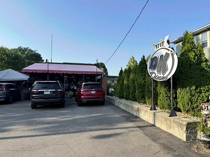 The unassuming exterior of DK Diner stands like a culinary speakeasy – no fancy frills, just the promise of breakfast magic waiting inside.