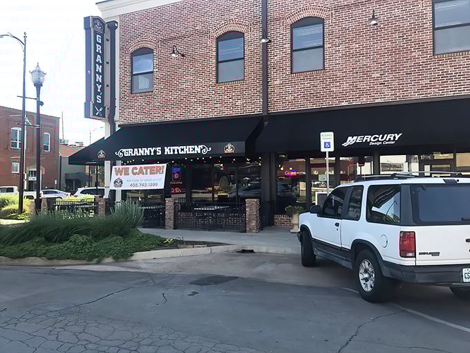 The brick facade of Granny's Kitchen stands proudly on Stillwater's Main Street, a beacon of breakfast hope for hungry Oklahomans.