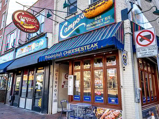 Campo's corner presence on Market Street isn't just prime real estate—it's a landmark where cheesesteak dreams come true daily. The blue awning is practically a city flag.