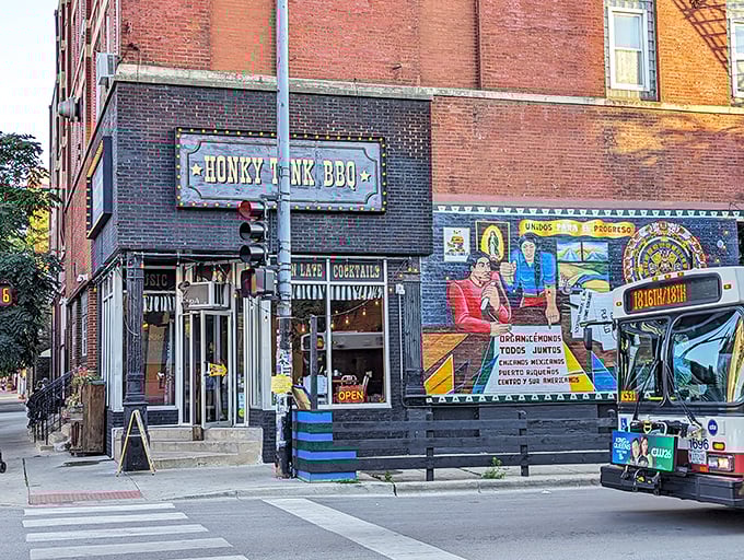 The corner brick building with its vintage sign and vibrant mural isn't just announcing "BBQ" – it's promising a time-traveling flavor adventure in Pilsen.