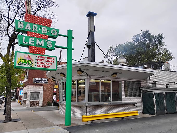 The iconic green and red sign of Lem's Bar-B-Q stands like a beacon of hope for hungry Chicagoans, promising smoky salvation from a humble storefront.